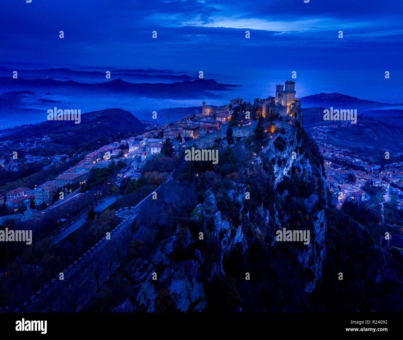 Aerial view of the Republic of San Marino near Rimini Italy, with ...
