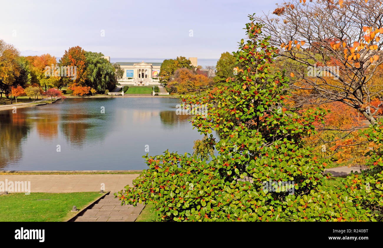 The Wade Park Lagoon in Cleveland, Ohio, USA encircled by fall colored ...