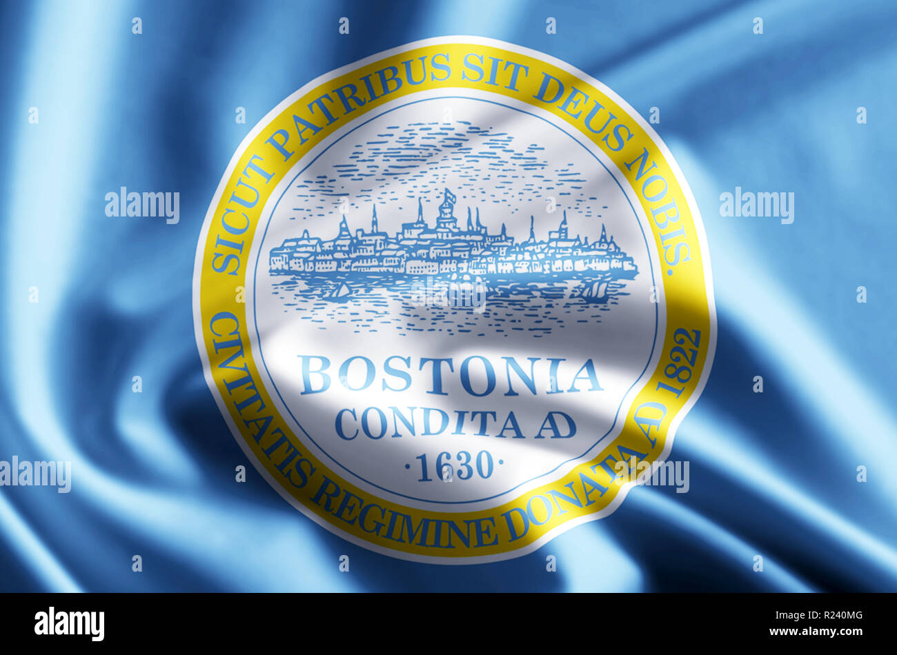 Boston 3D waving and closeup flag illustration with reflections. Usable ...