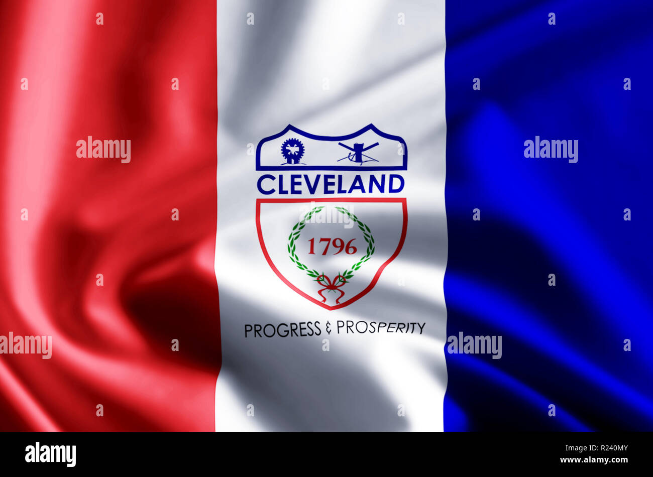 Cleveland 3D waving and closeup flag illustration with reflections ...