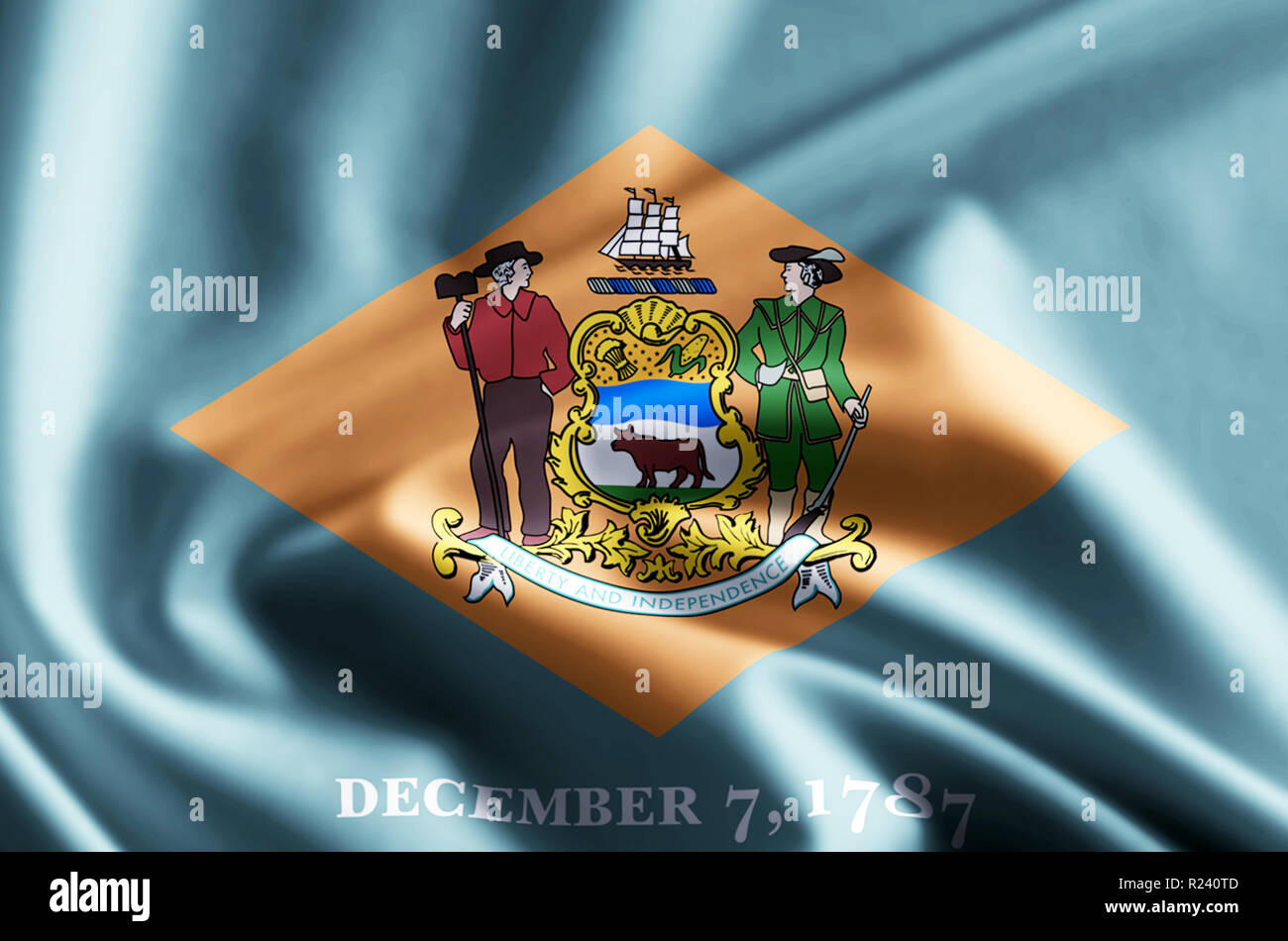 Delaware 3D waving and closeup flag illustration with reflections. Usable for background and ...