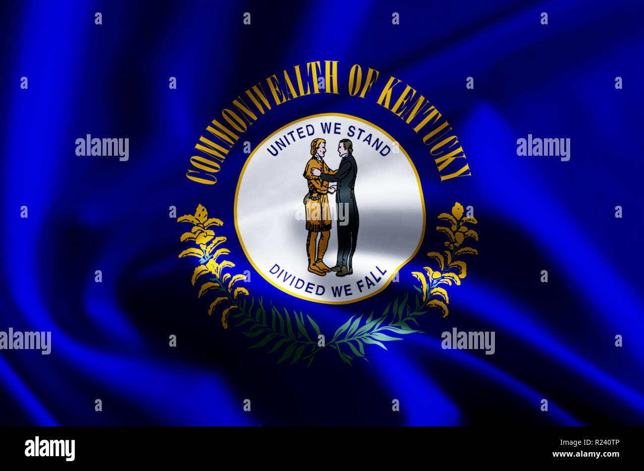 Kentucky 3D waving and closeup flag illustration with reflections ...