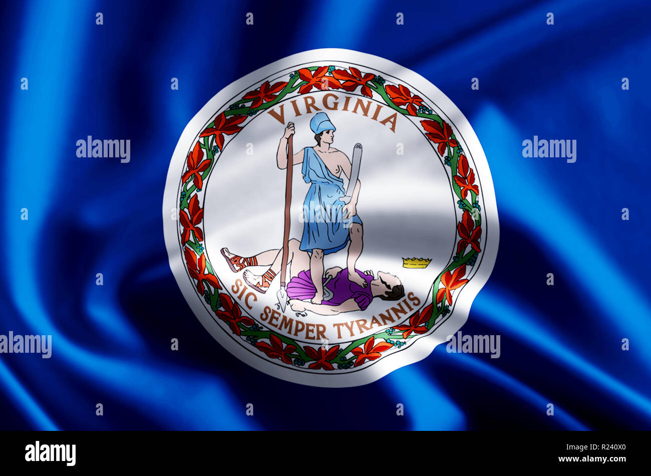Virginia 3D waving and closeup flag illustration with reflections ...