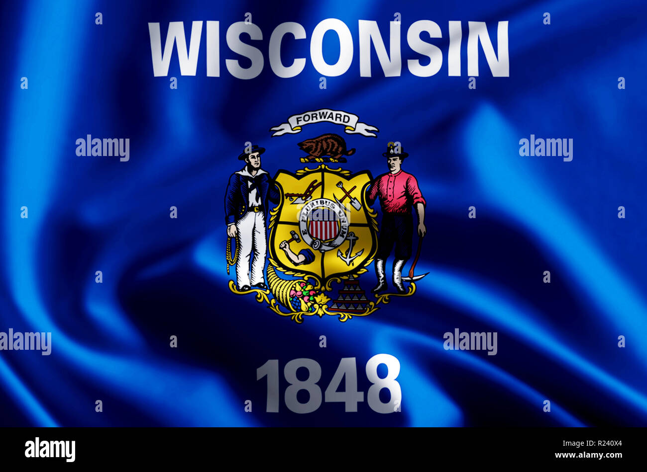 Wisconsin 3D waving and closeup flag illustration with reflections ...