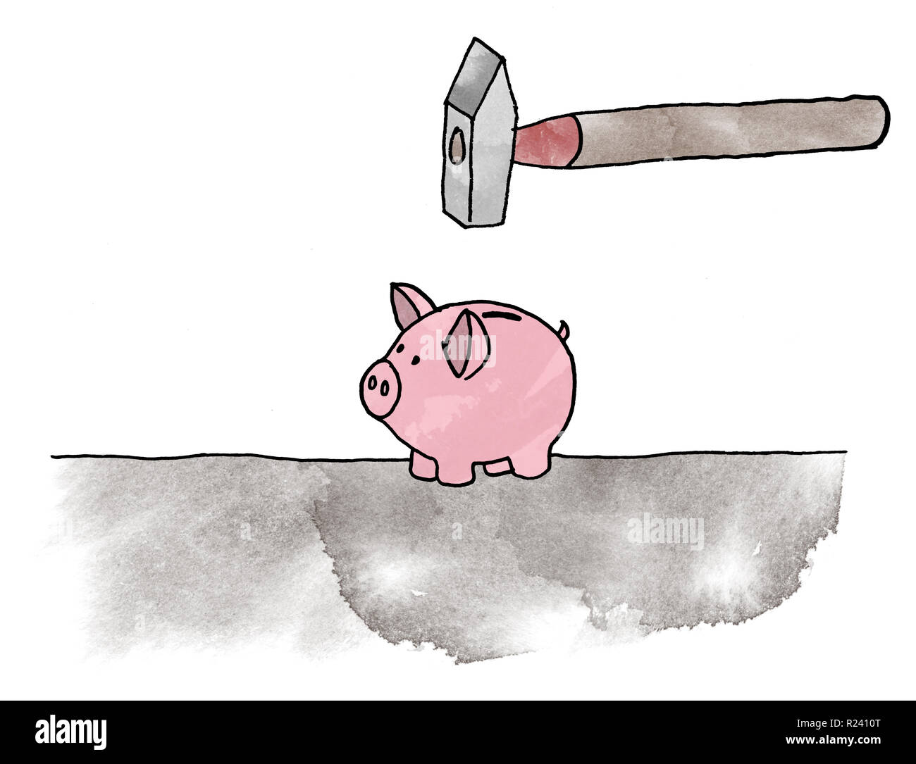 Piggy bank shortly before being cracked with a hammer concept ...