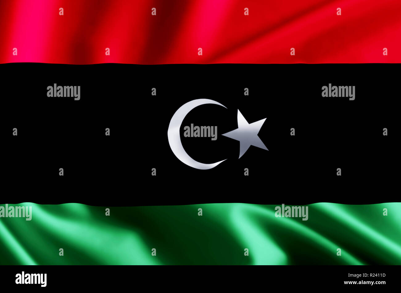 Libya 3D waving and closeup flag illustration with reflections. Usable ...