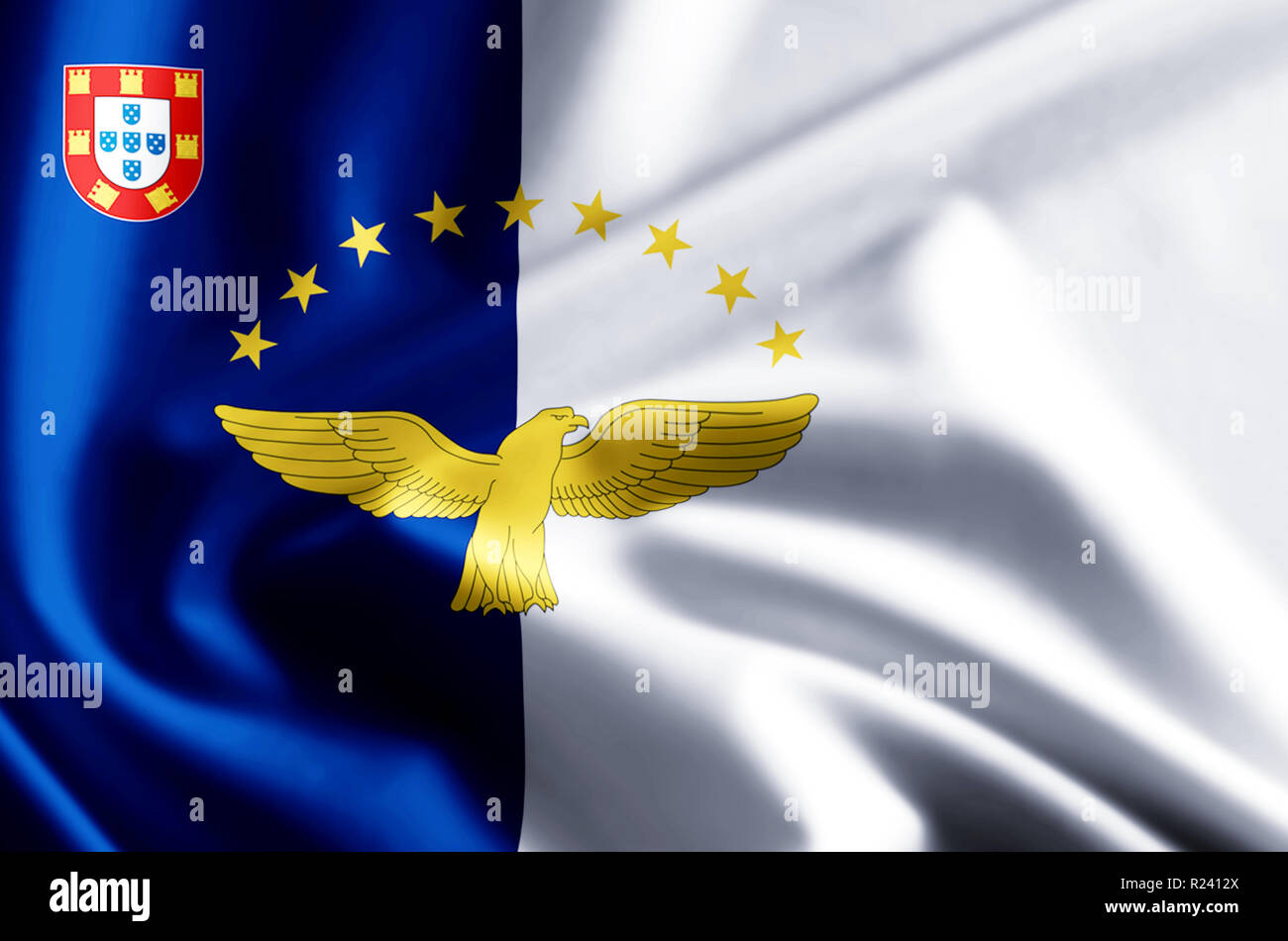 Azores 3D waving and closeup flag illustration with reflections. Usable ...