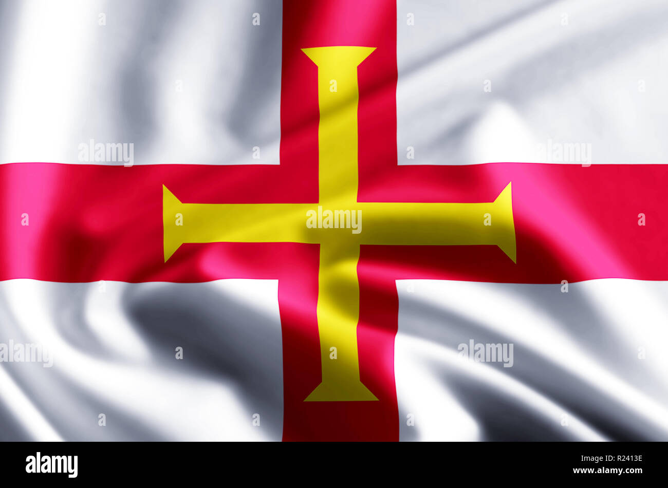 Guernsey 3D waving and closeup flag illustration with reflections ...