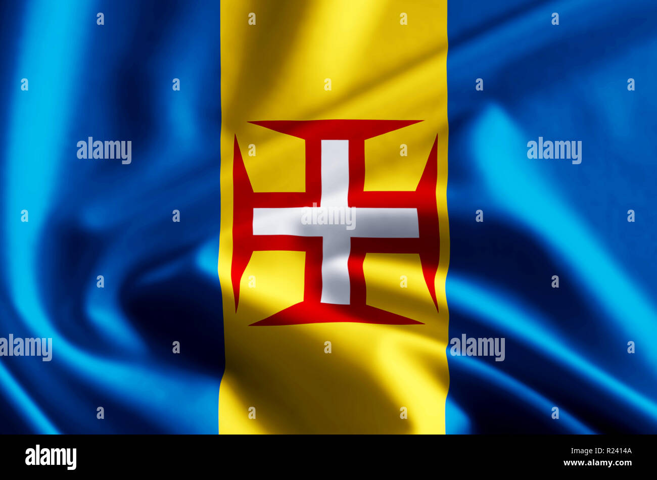Madeira 3D waving and closeup flag illustration with reflections. Usable for background and ...