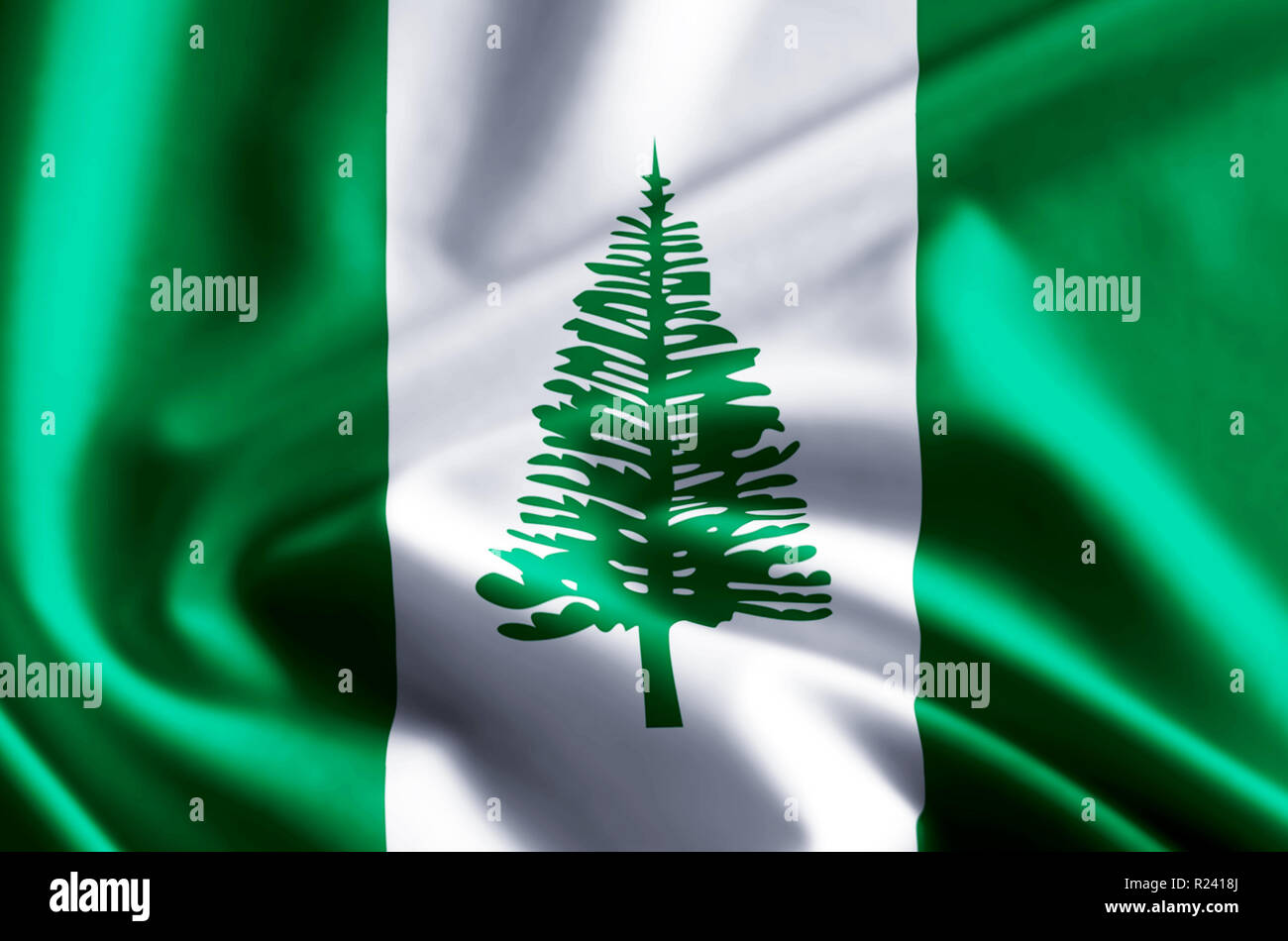 Norfolk Island 3D waving and closeup flag illustration with reflections. Usable for background ...