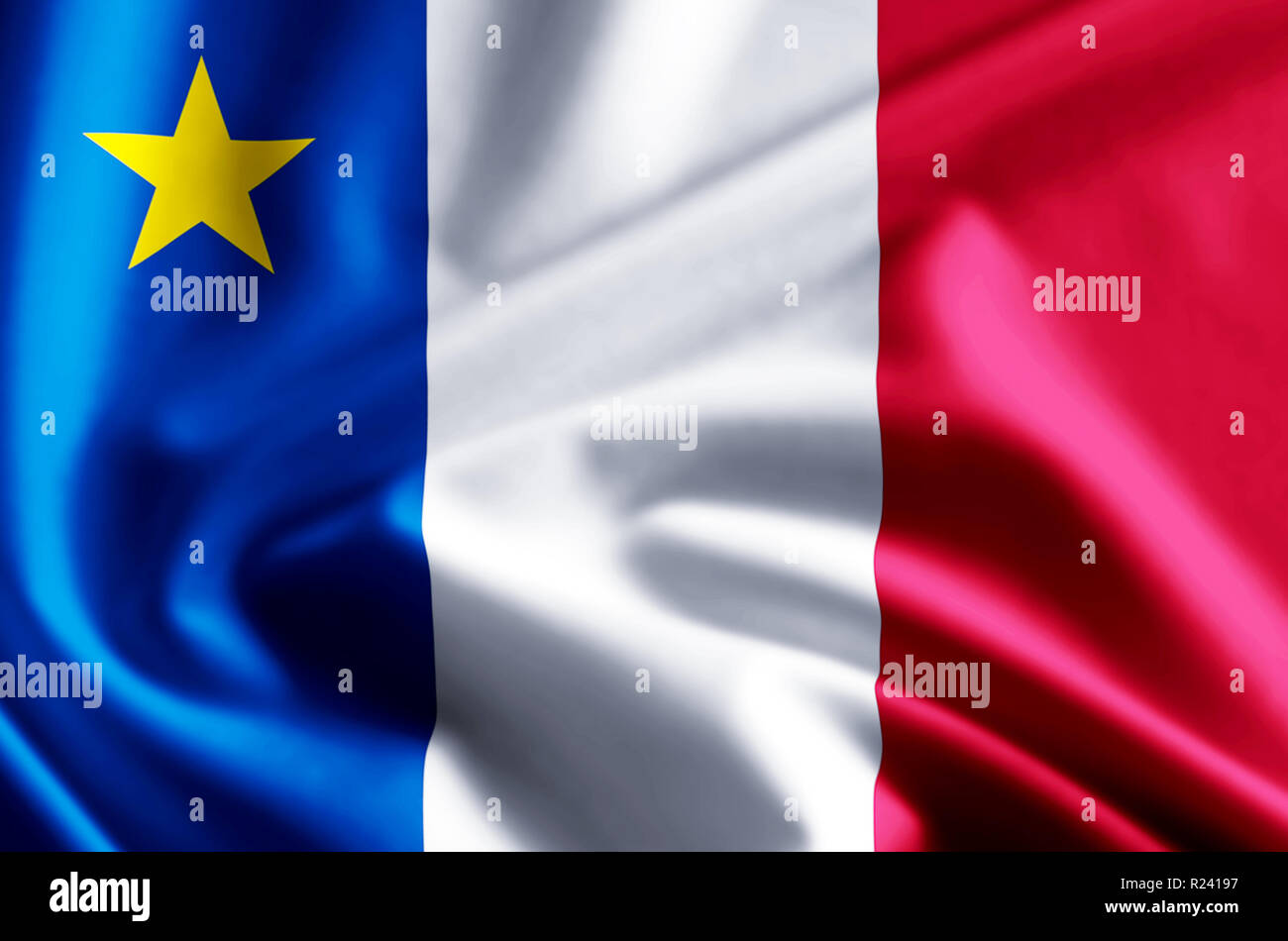 Acadia 3D waving and closeup flag illustration with reflections. Usable ...