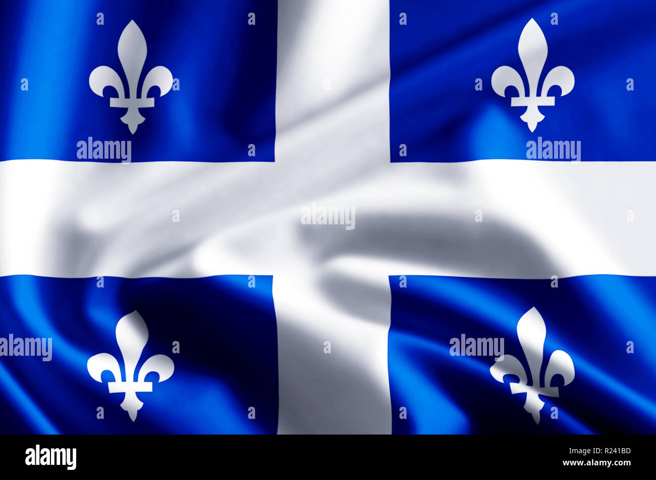 Quebec 3D waving and closeup flag illustration with reflections. Usable ...