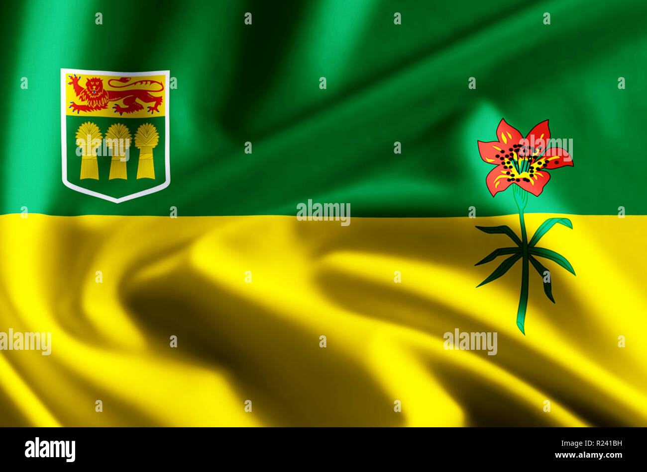 Saskatchewan 3D waving and closeup flag illustration with reflections. Usable for background and ...