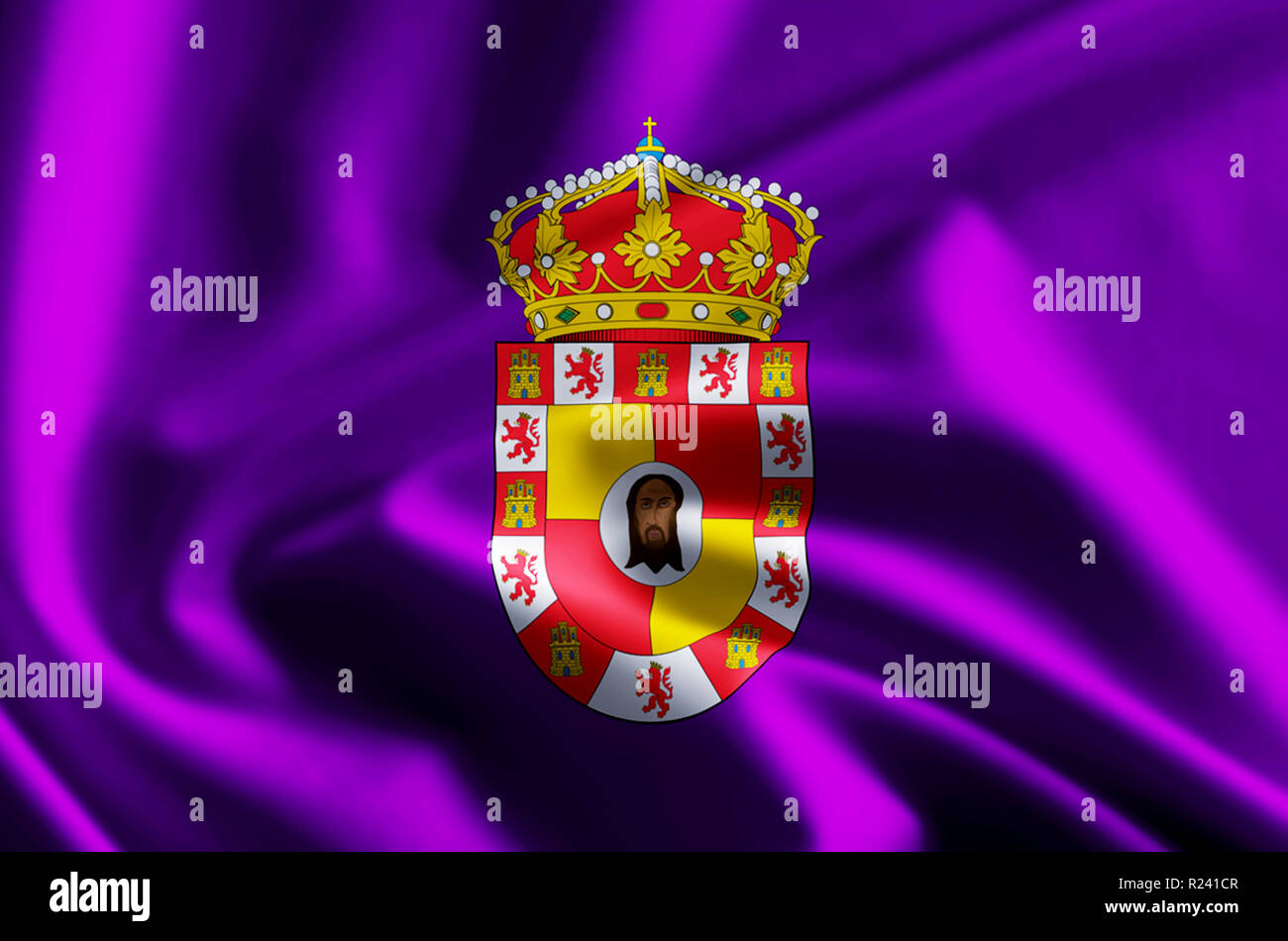 Jaen 3D waving and closeup flag illustration with reflections. Usable ...