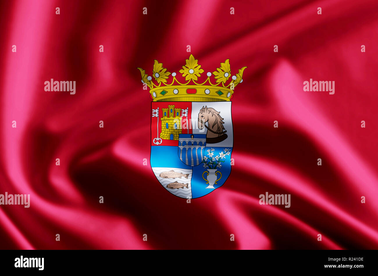 Segovia 3D waving and closeup flag illustration with reflections ...