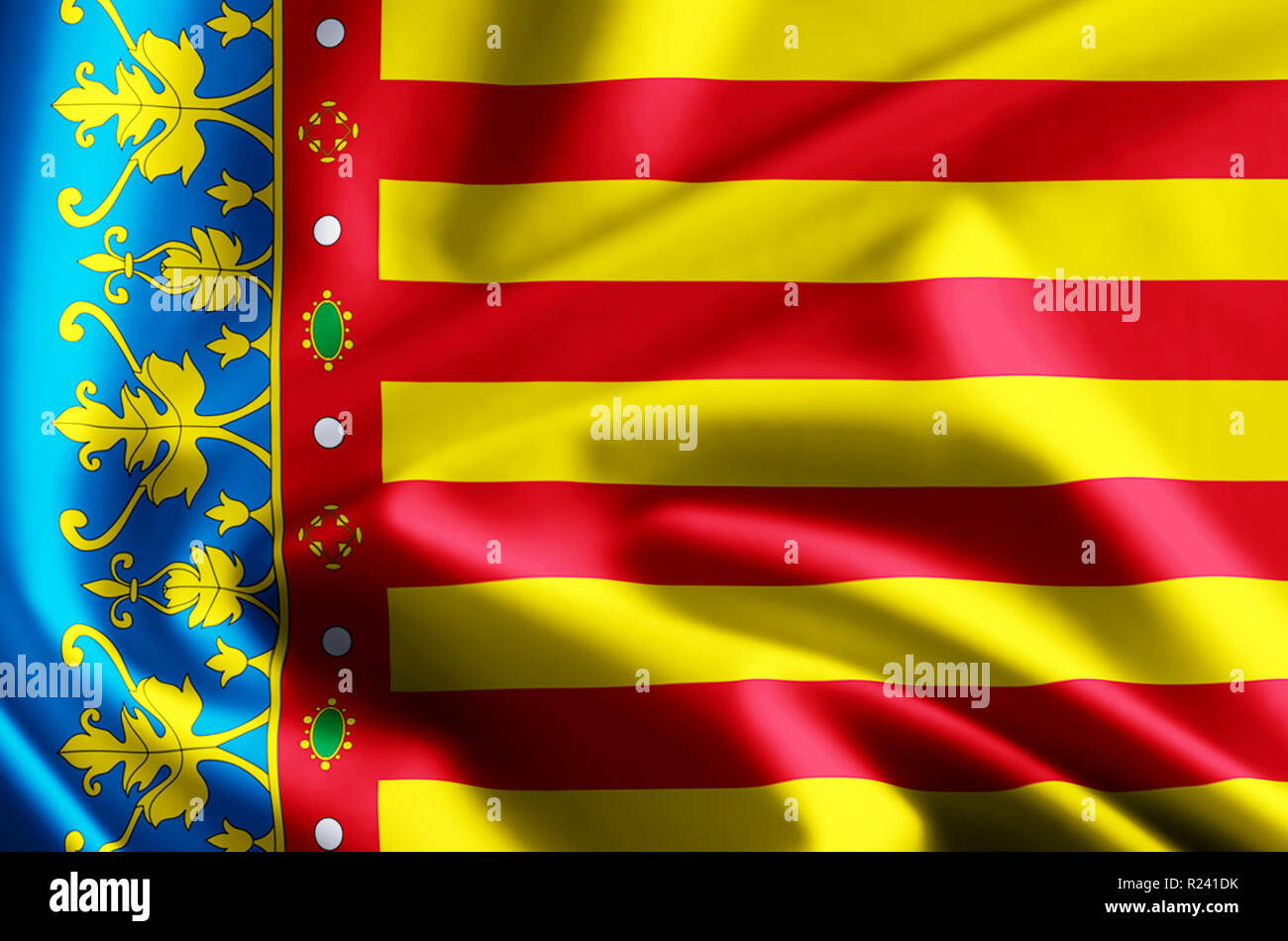 Valencia 3D waving and closeup flag illustration with reflections ...