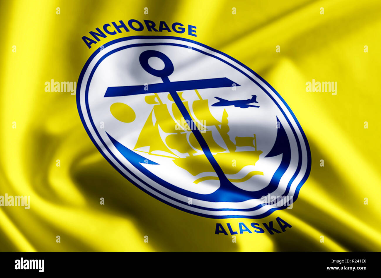 Anchorage Alaska 3D waving and closeup flag illustration with ...
