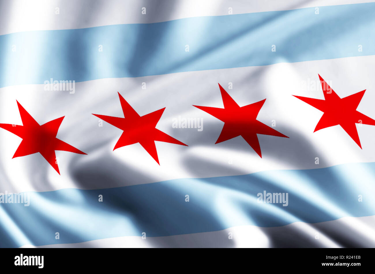 Chicago 3D waving and closeup flag illustration with reflections ...