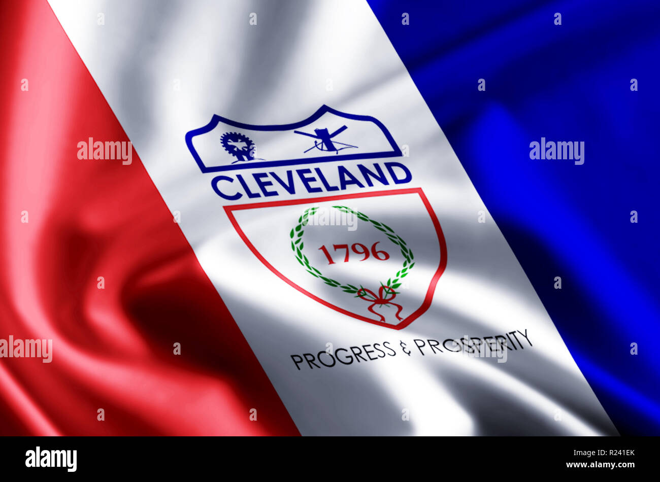 Cleveland 3D waving and closeup flag illustration with reflections ...