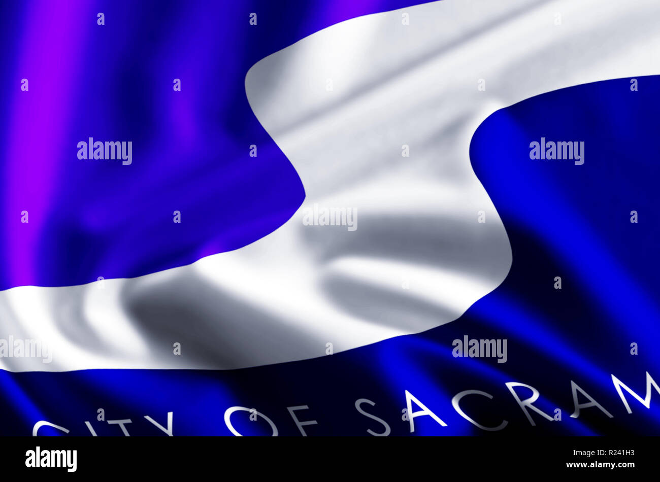 Sacramento 3D waving and closeup flag illustration with reflections ...