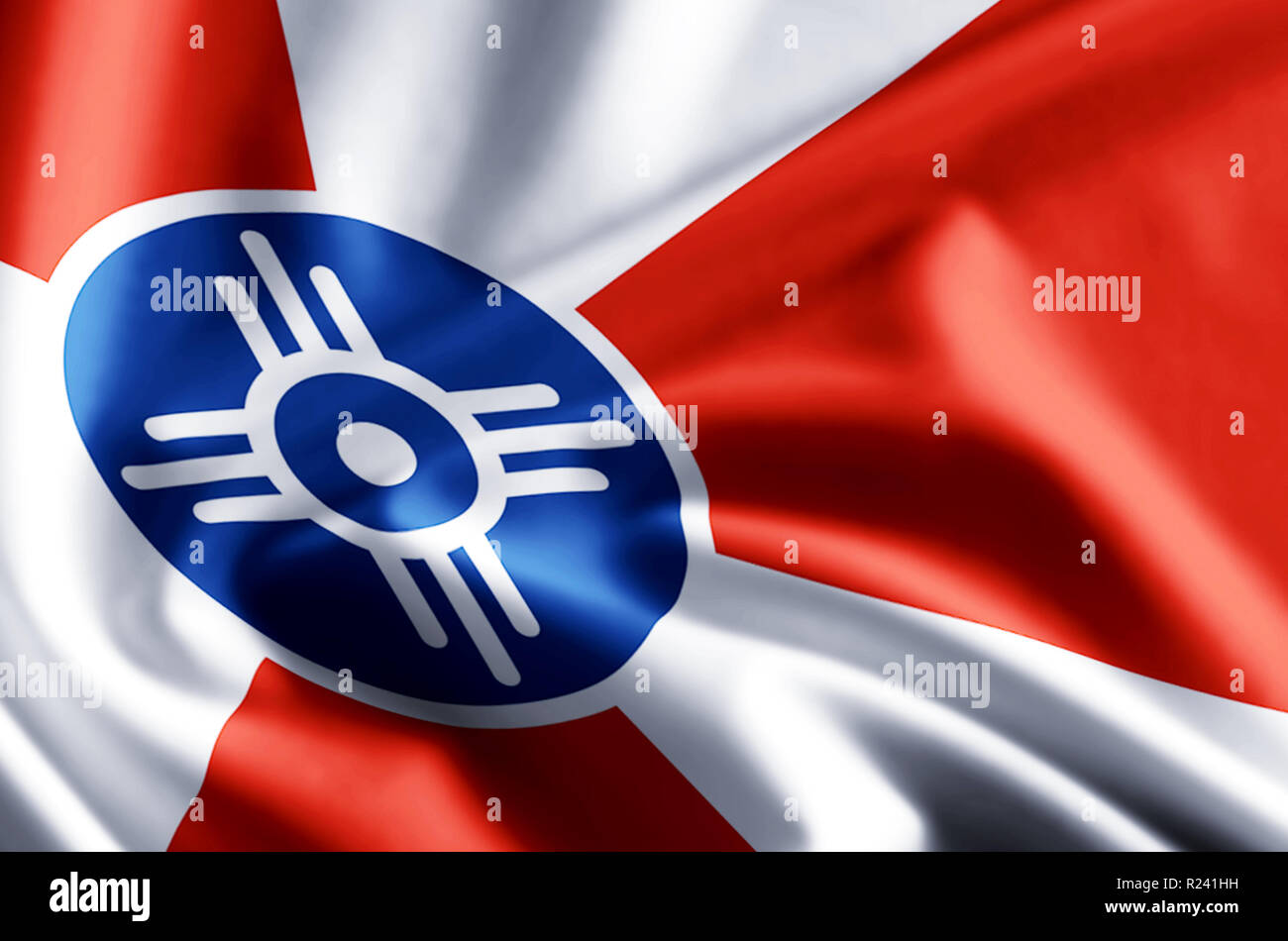 Wichita Kansas 3D waving and closeup flag illustration with reflections ...