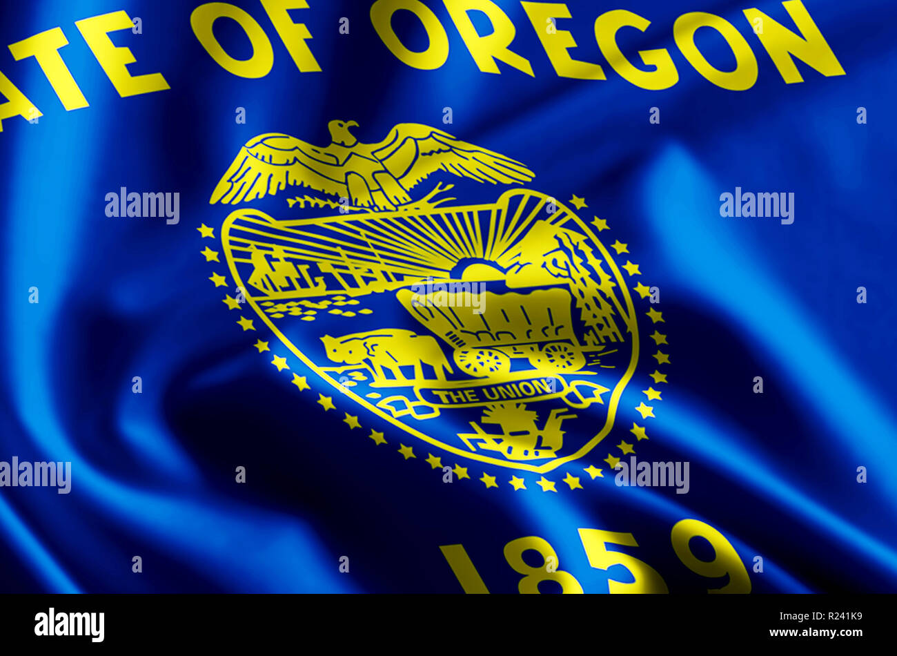 Oregon 3D waving and closeup flag illustration with reflections. Usable ...