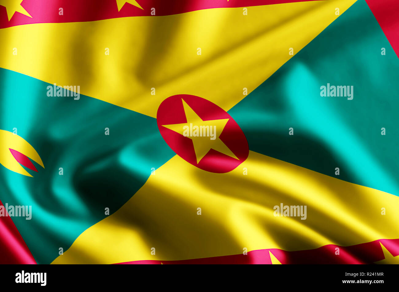 Grenada 3D waving and closeup flag illustration with reflections. Usable for background and ...
