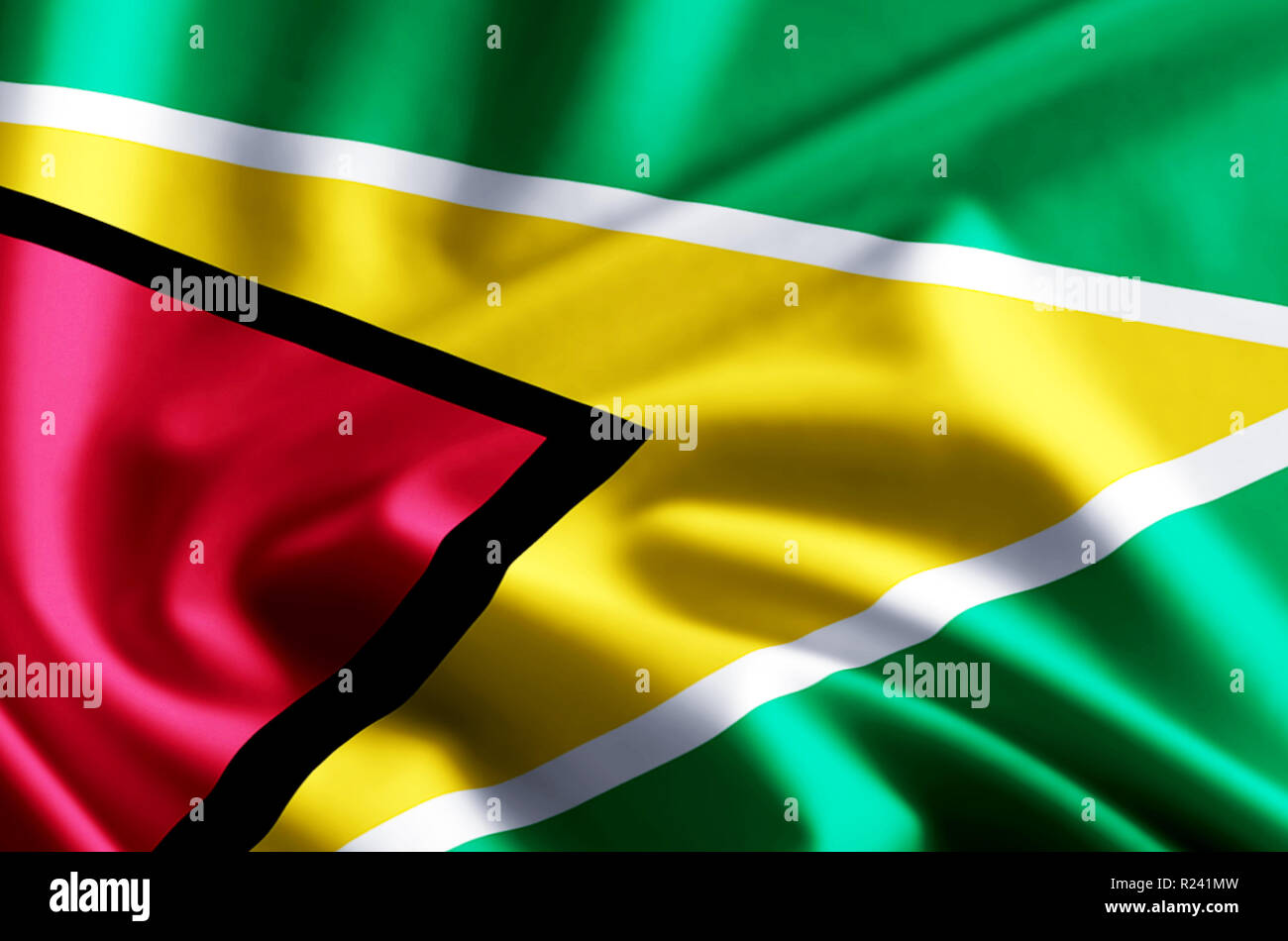 Guyana 3D waving and closeup flag illustration with reflections. Usable for background and ...