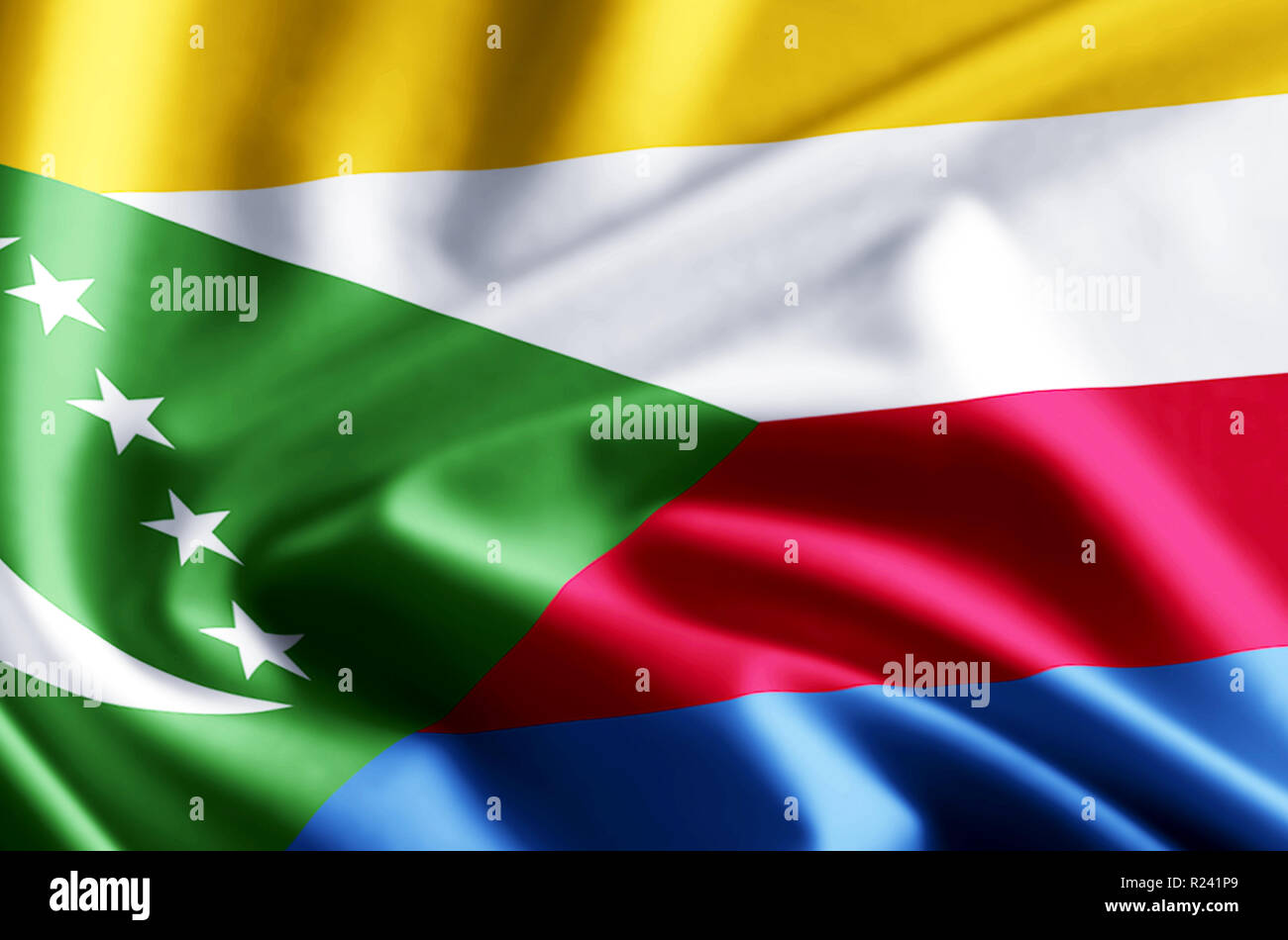 Comores 3D waving and closeup flag illustration with reflections. Usable for background and ...