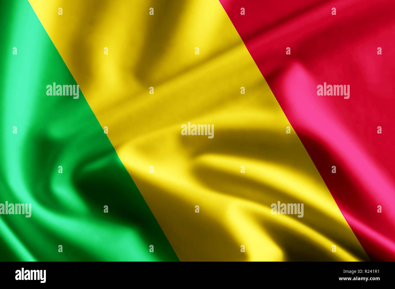 Mali 3D waving and closeup flag illustration with reflections. Usable for background and texture ...