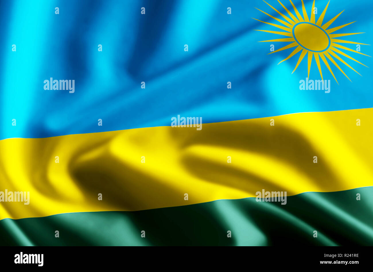 Rwanda 3D waving and closeup flag illustration with reflections. Usable for background and ...
