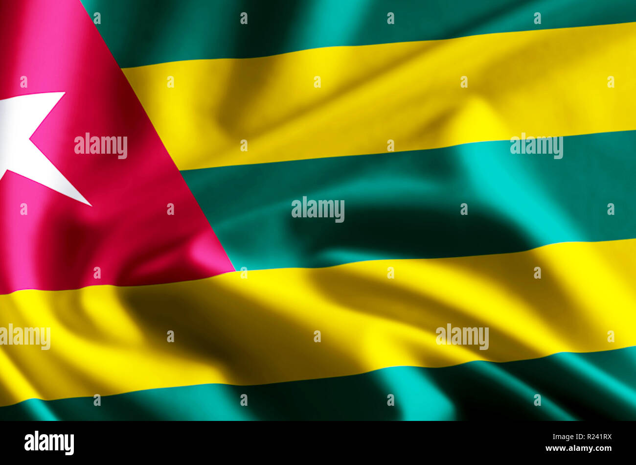 Togo 3D waving and closeup flag illustration with reflections. Usable for background and texture ...
