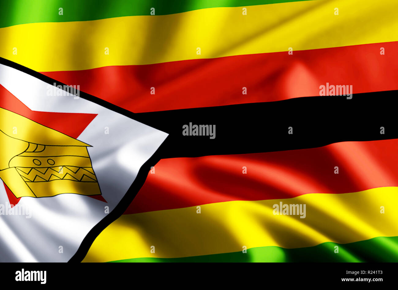 Zimbabwe 3D waving and closeup flag illustration with reflections. Usable for background and ...
