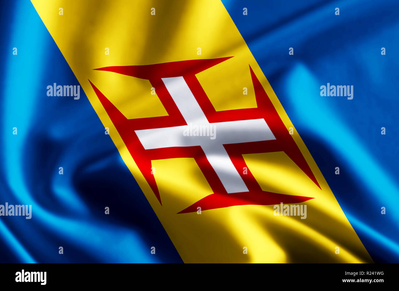 Madeira 3D waving and closeup flag illustration with reflections. Usable for background and ...