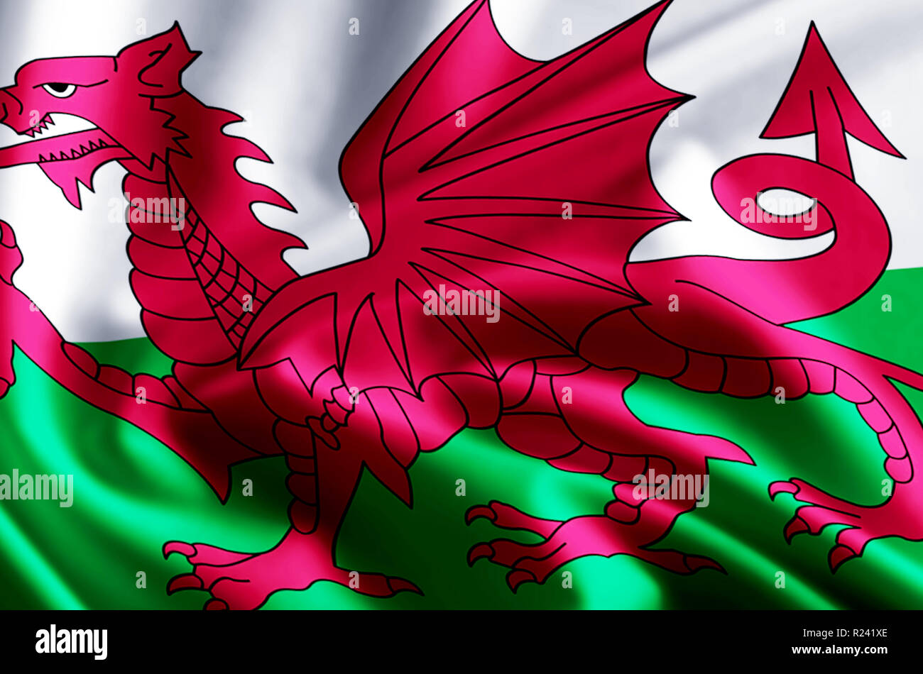 Wales 3D waving and closeup flag illustration with reflections. Usable ...