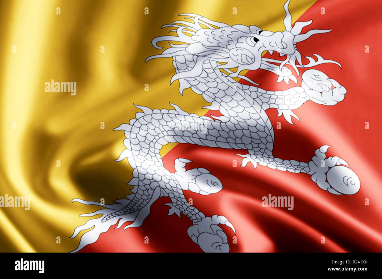 Bhutan 3D waving and closeup flag illustration with reflections. Usable ...