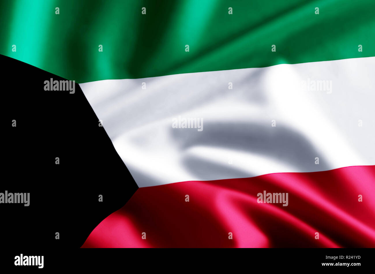 Kuwait 3D waving and closeup flag illustration with reflections. Usable ...