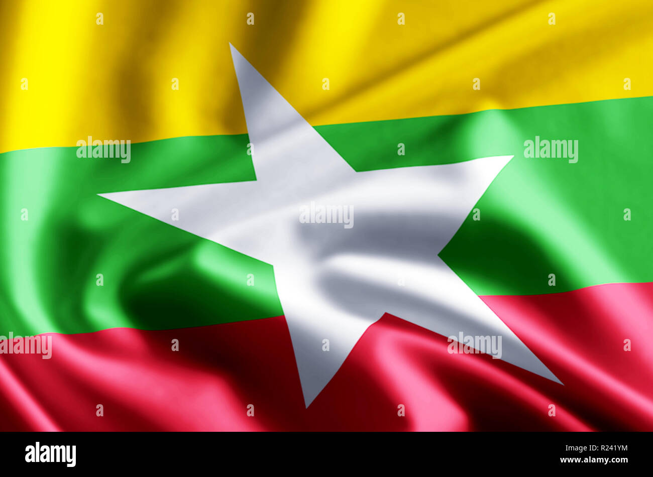 Myanmar 3D waving and closeup flag illustration with reflections. Usable for background and ...