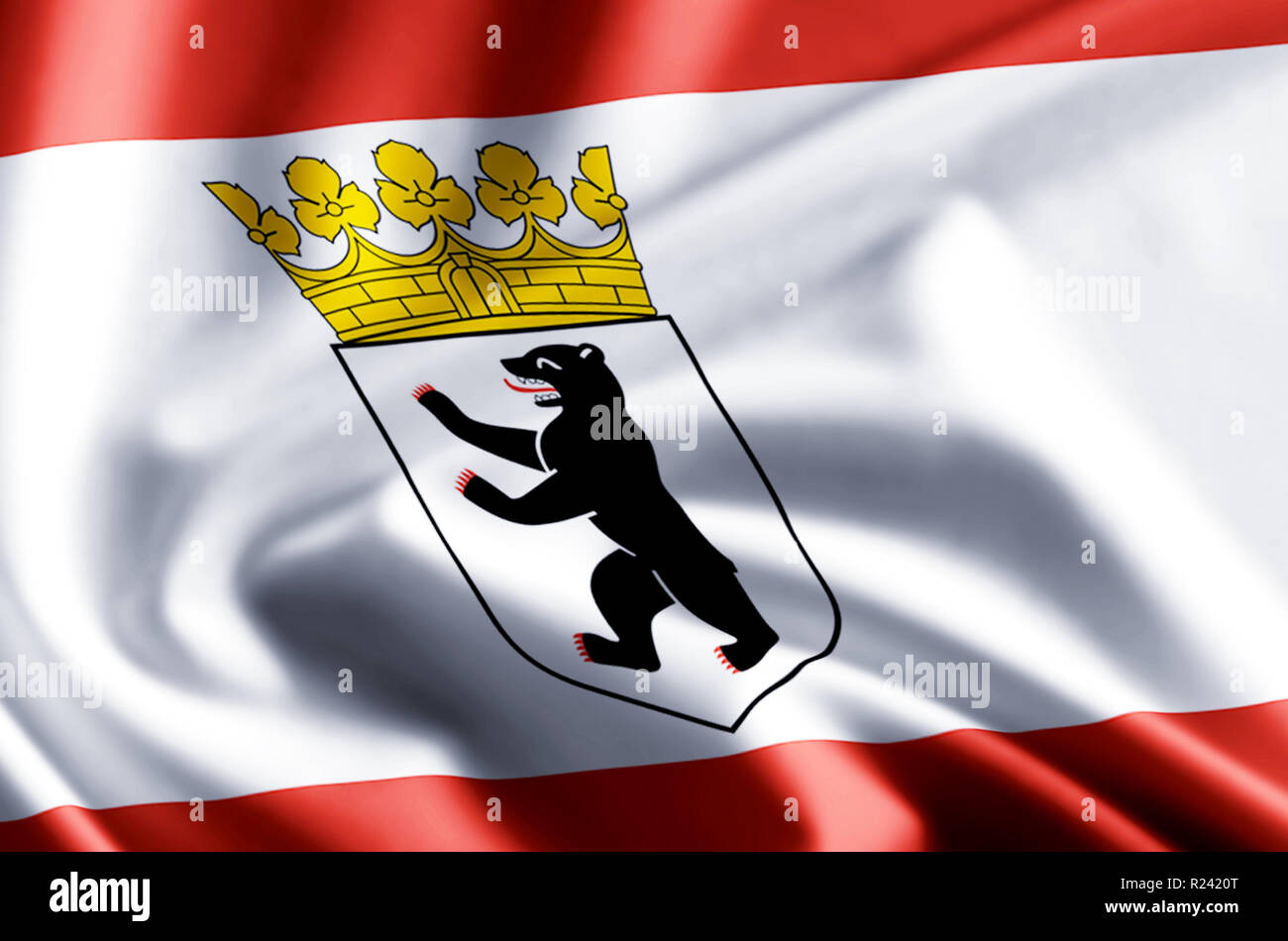 Berlin 3D waving and closeup flag illustration with reflections. Usable ...