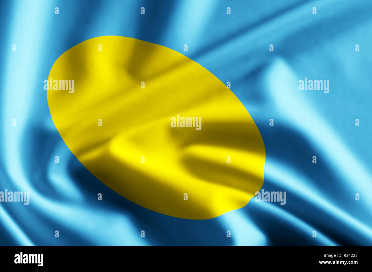 Palau 3D waving and closeup flag illustration with reflections. Usable for background and ...