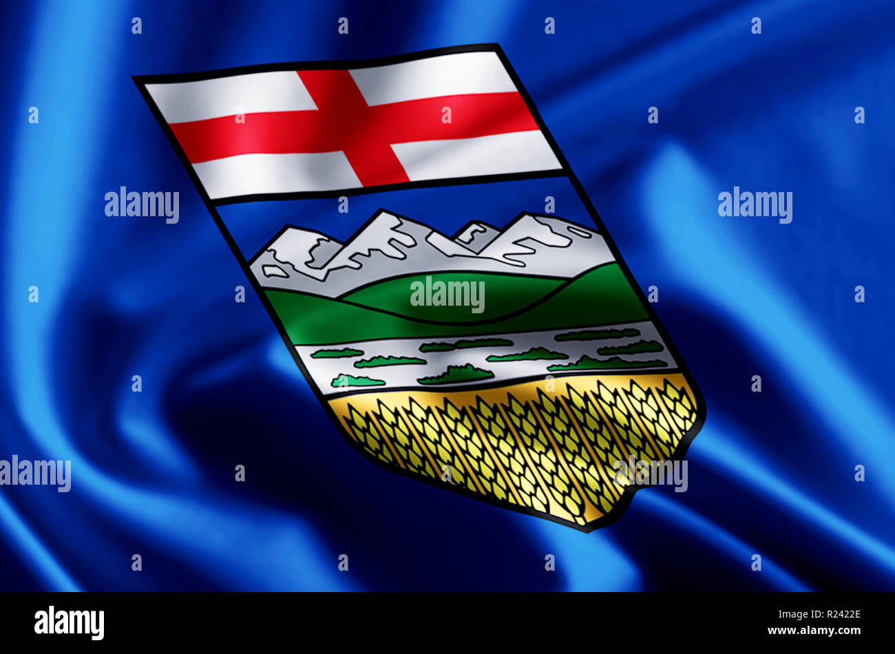Alberta 3D waving and closeup flag illustration with reflections ...