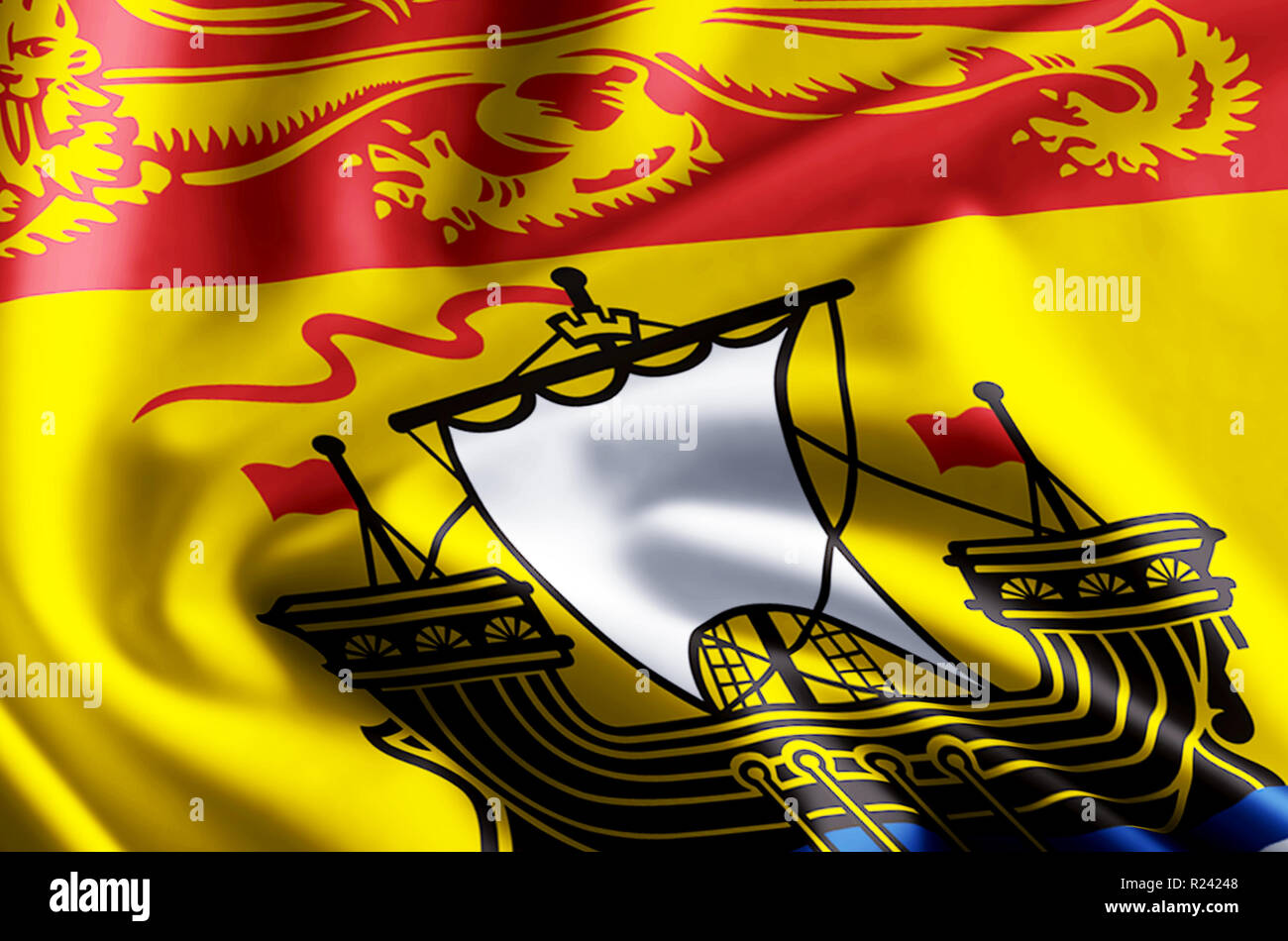 New Brunswick 3D waving and closeup flag illustration with reflections. Usable for background ...