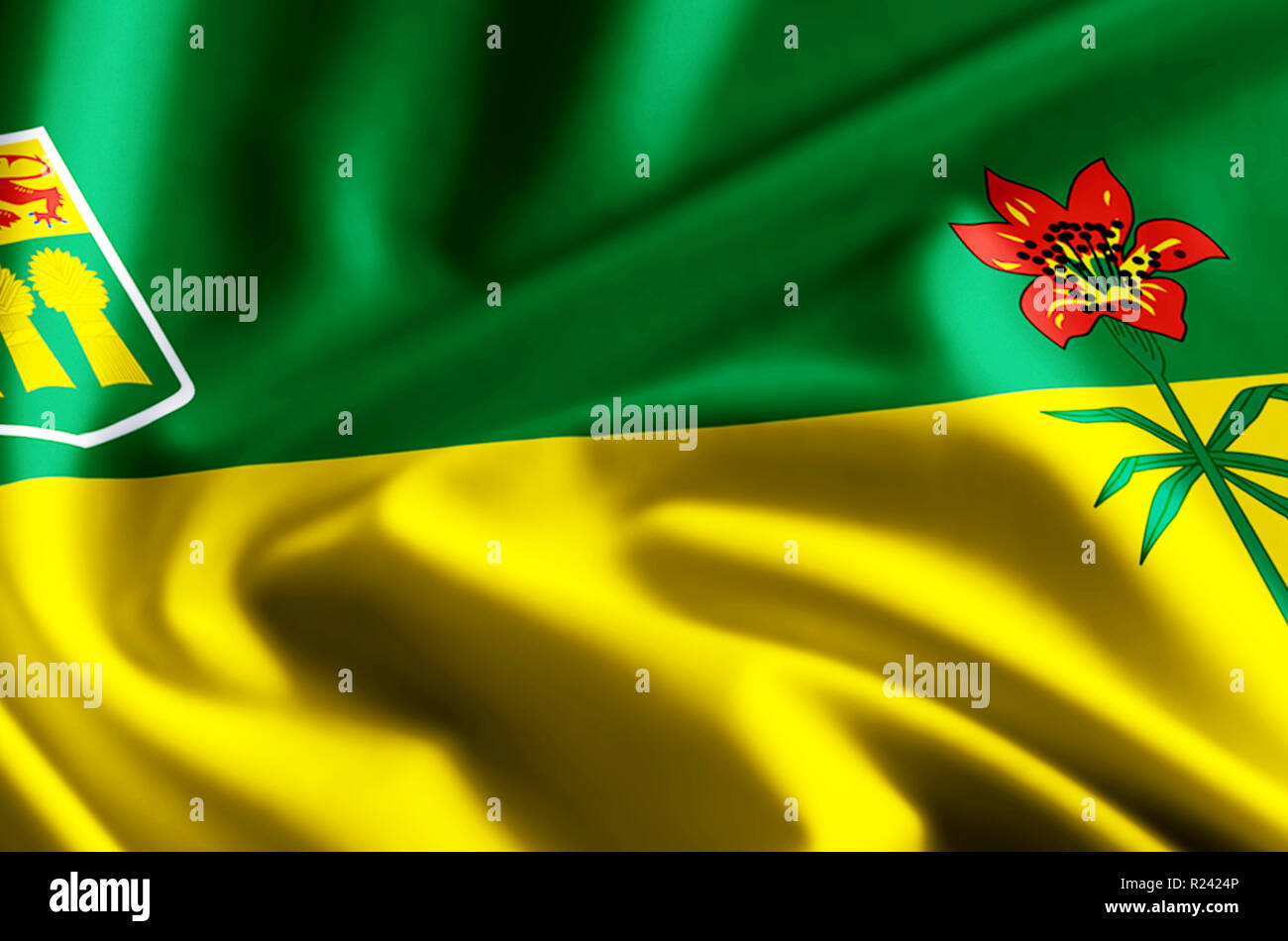 Saskatchewan 3D waving and closeup flag illustration with reflections. Usable for background and ...