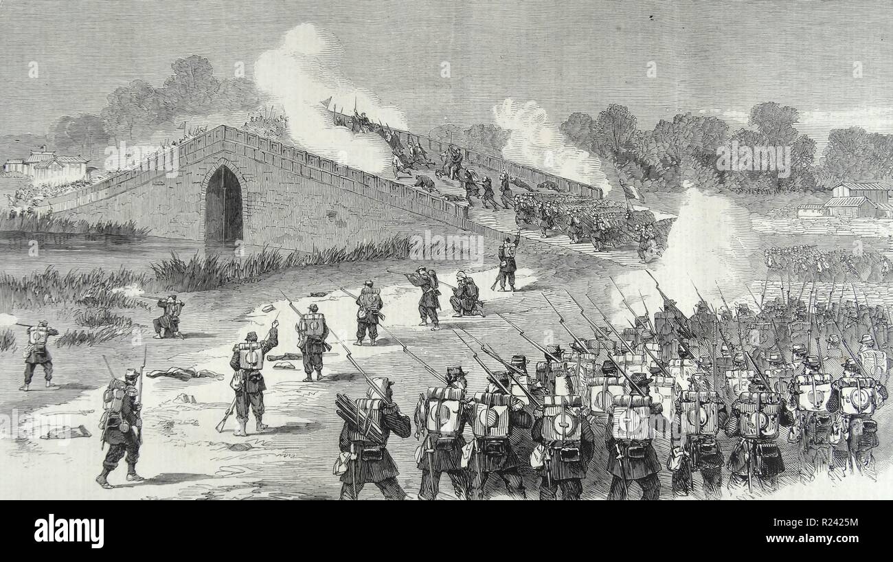 Engraving depicting the French attack on the Bridge Pa-Li-Chian, China ...