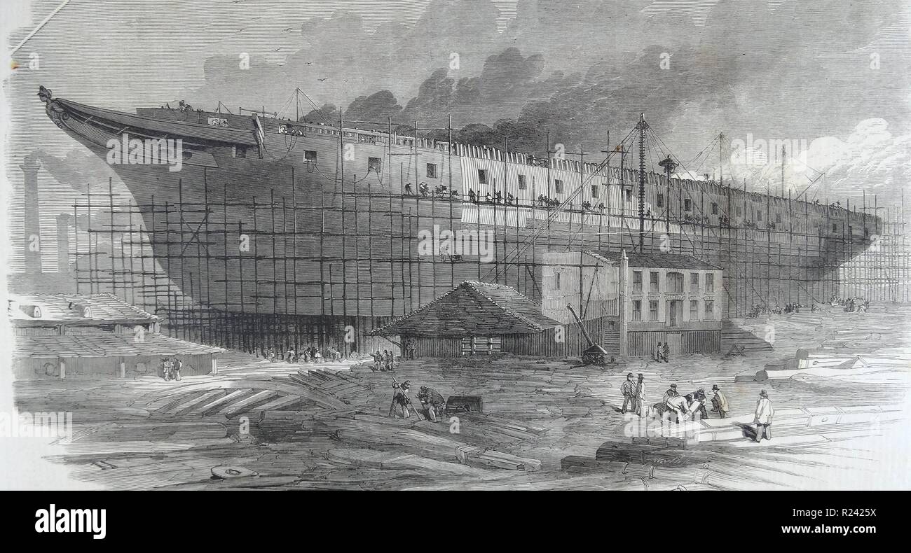 Engraving depicting the construction of a large ship. Dated 1860 Stock ...