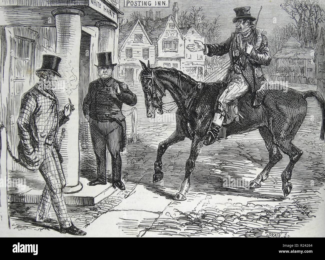 Engraving depicting a postman on horseback collecting letters on ...