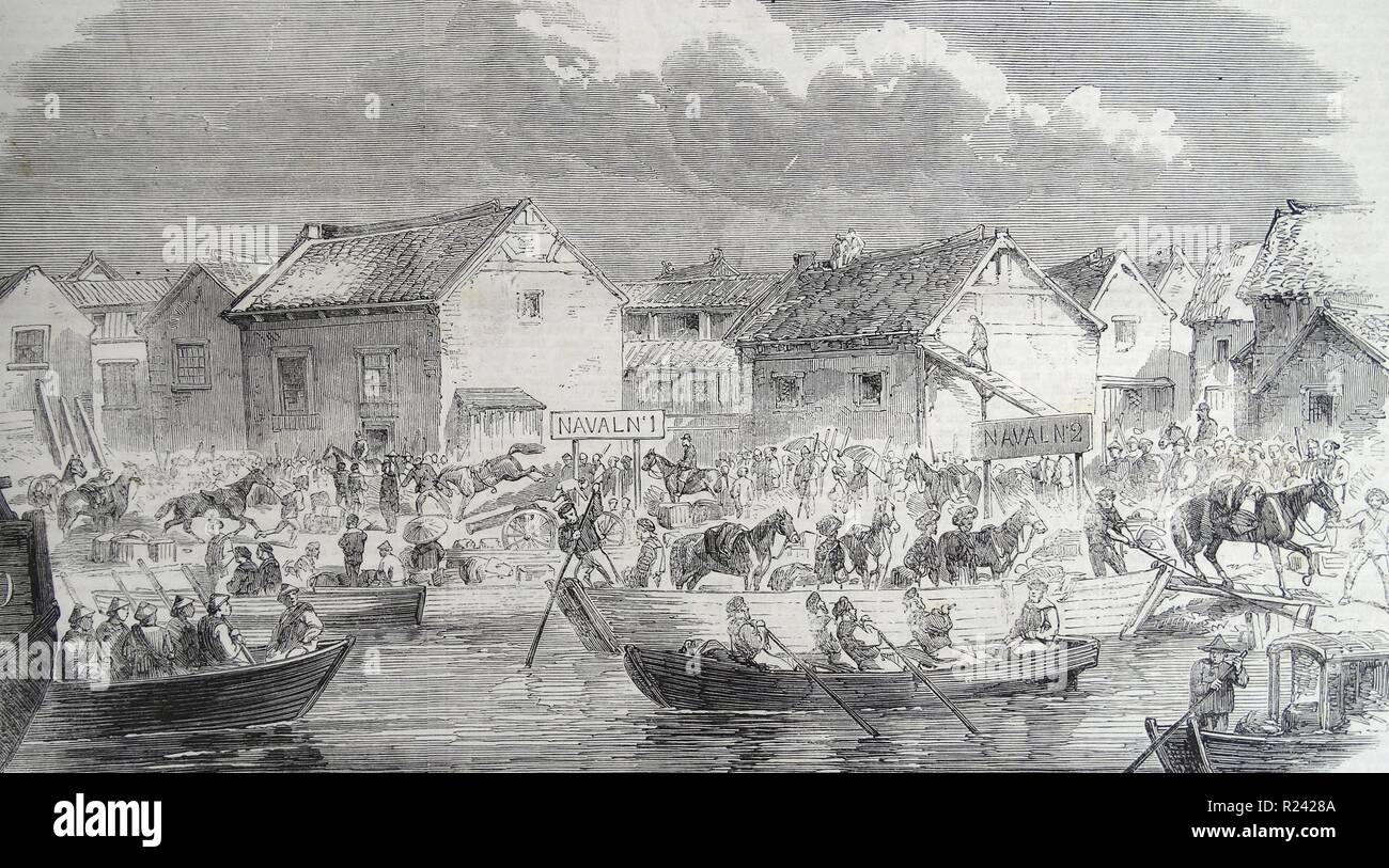 Engraving depicting the landing of British Troops at Pehtang. Dated ...