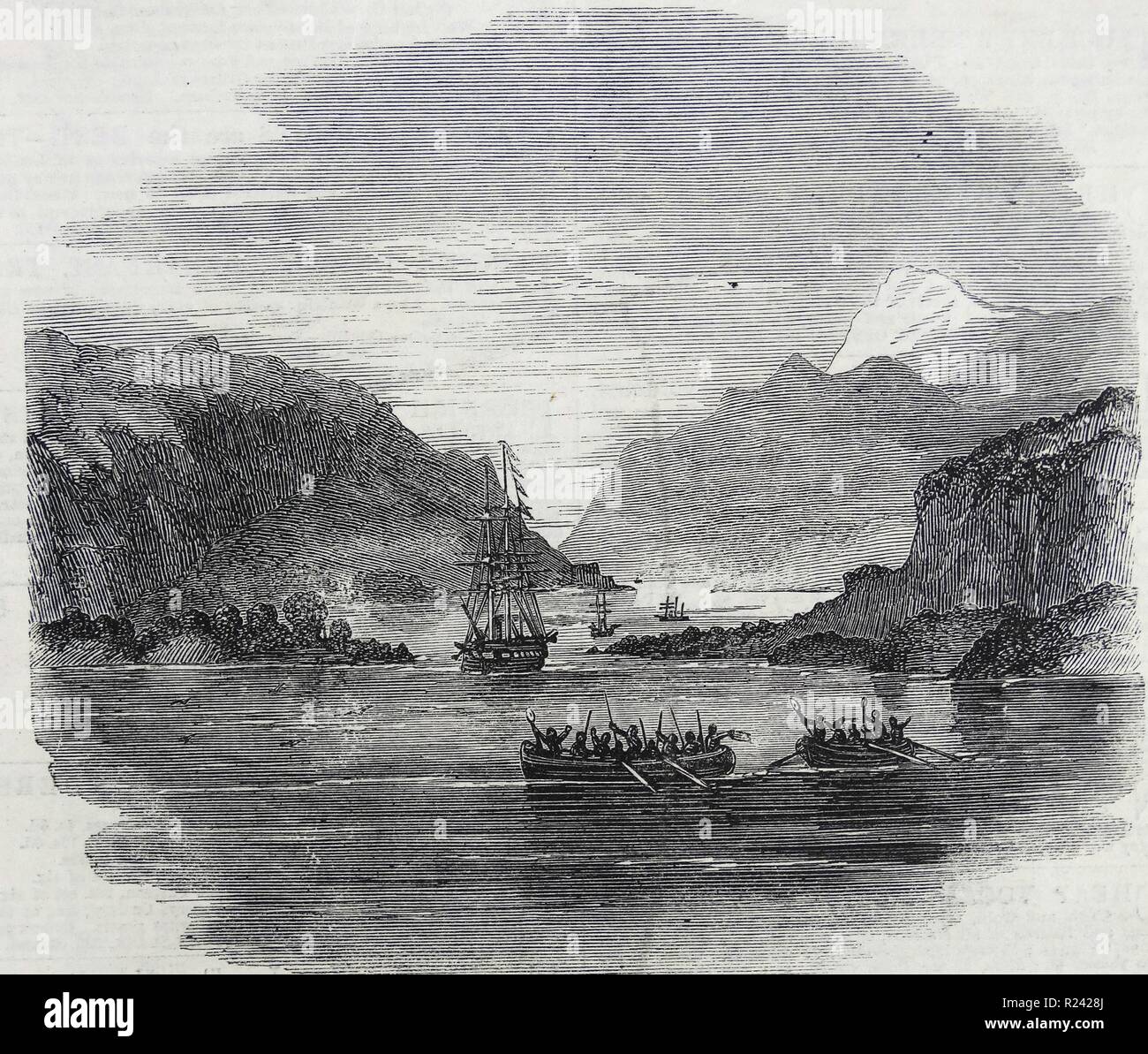 Engraving depicting of the H.M.S. 'Termagant' passing English narrows ...