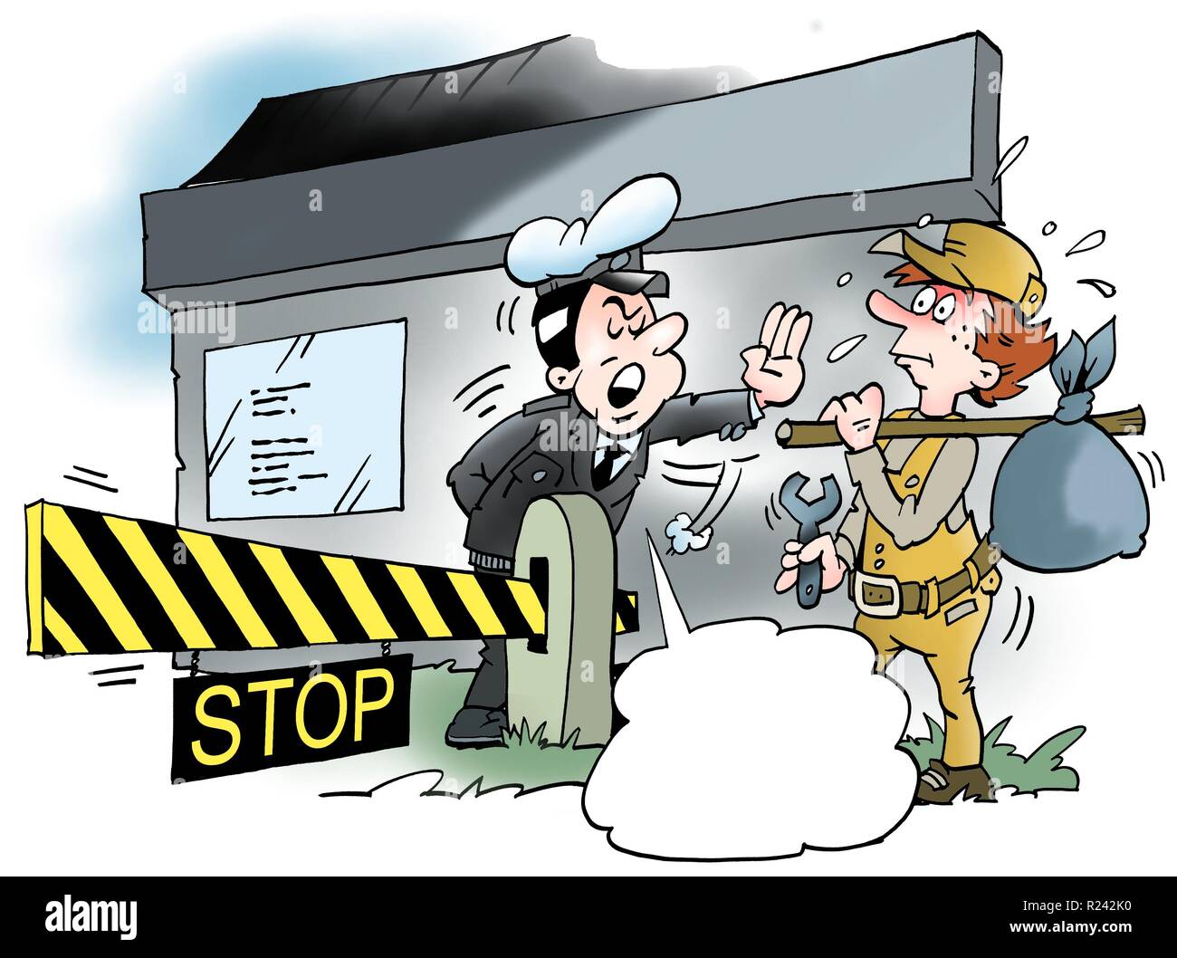 Cartoon illustration of a mechanic looking for a job at the border to a ...