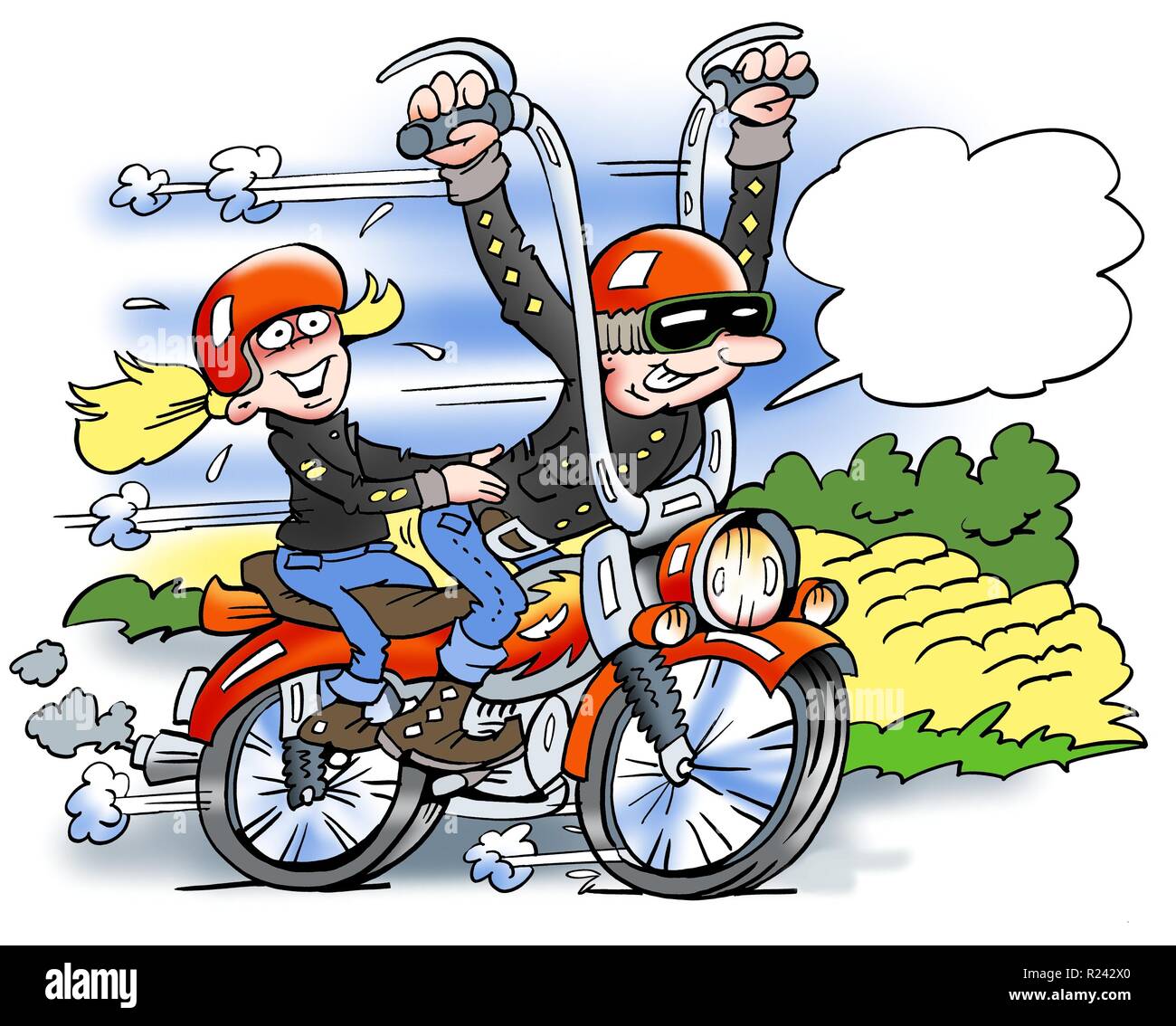 Cartoon illustration of a happy biker running fast on a motorcycle with ...